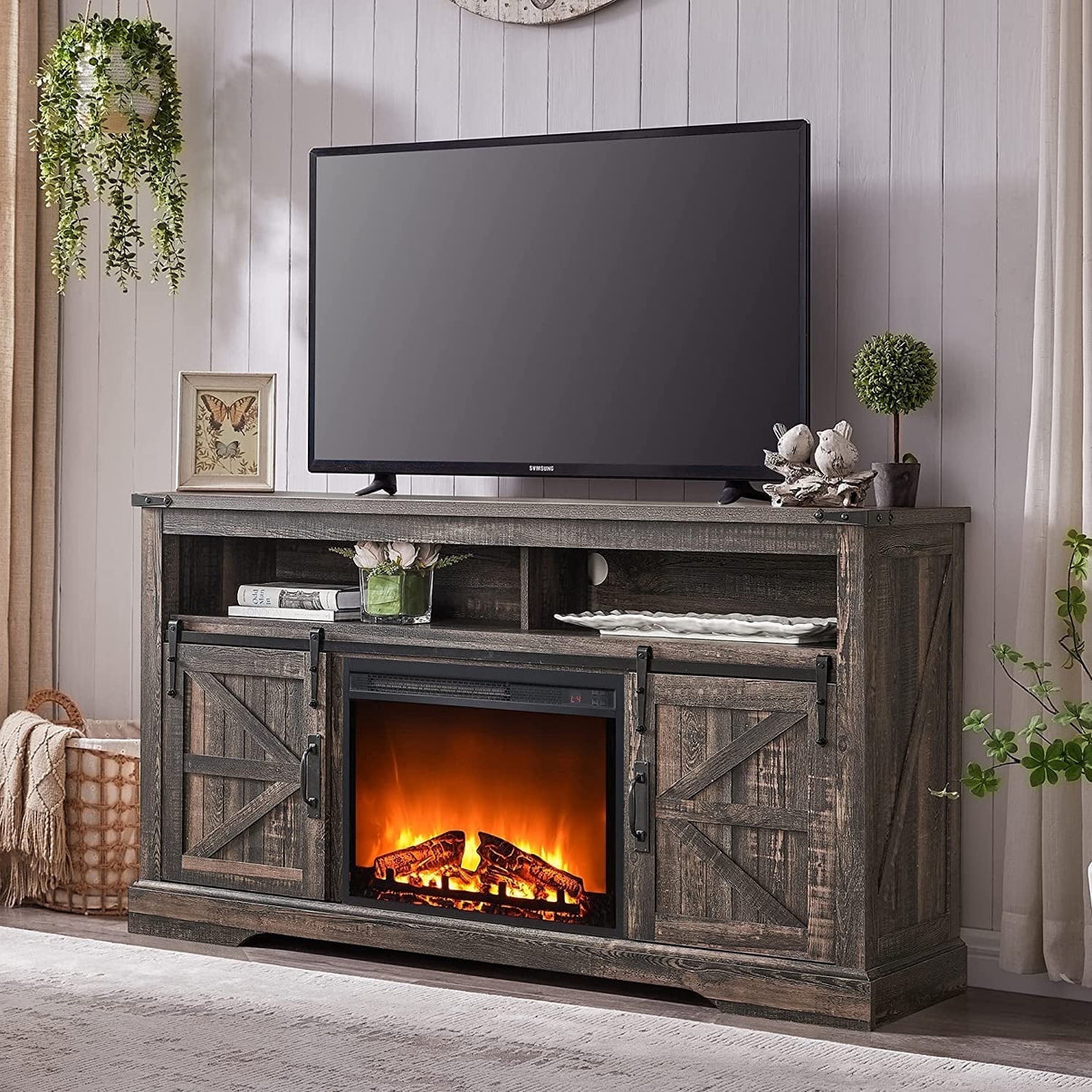OKD Farmhouse Fireplace TV Stand up to 70", Entertainment Center with